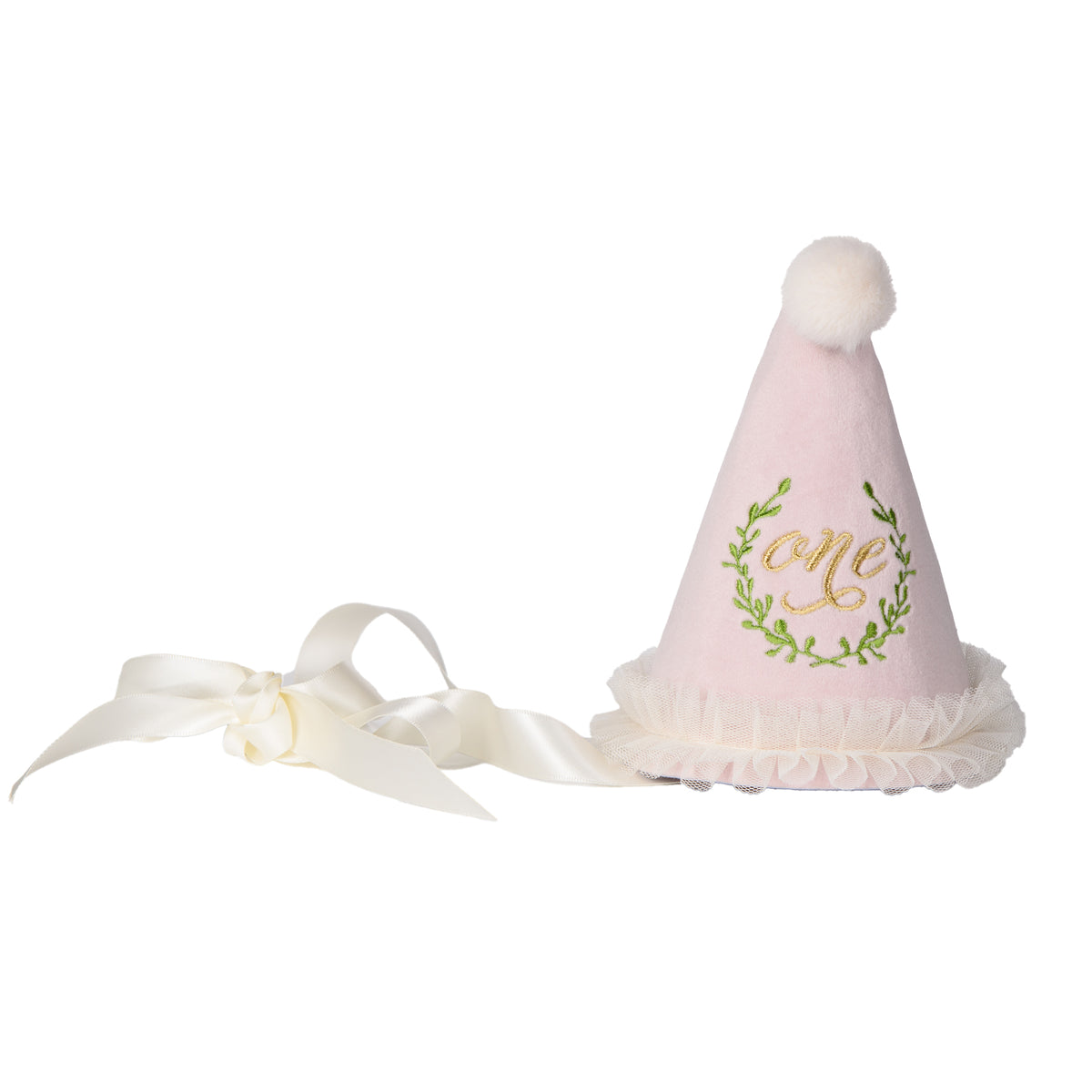 ONE Party Hat with Laurel Wreath Embroidery - Pink | Over The Moon Gift